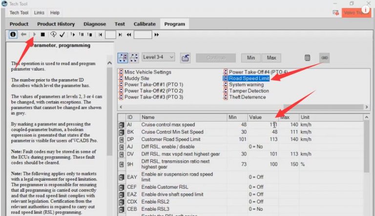 Volvo VN V2 ES02 truck speed limit programming by Nexiq USB2+Techtool ...